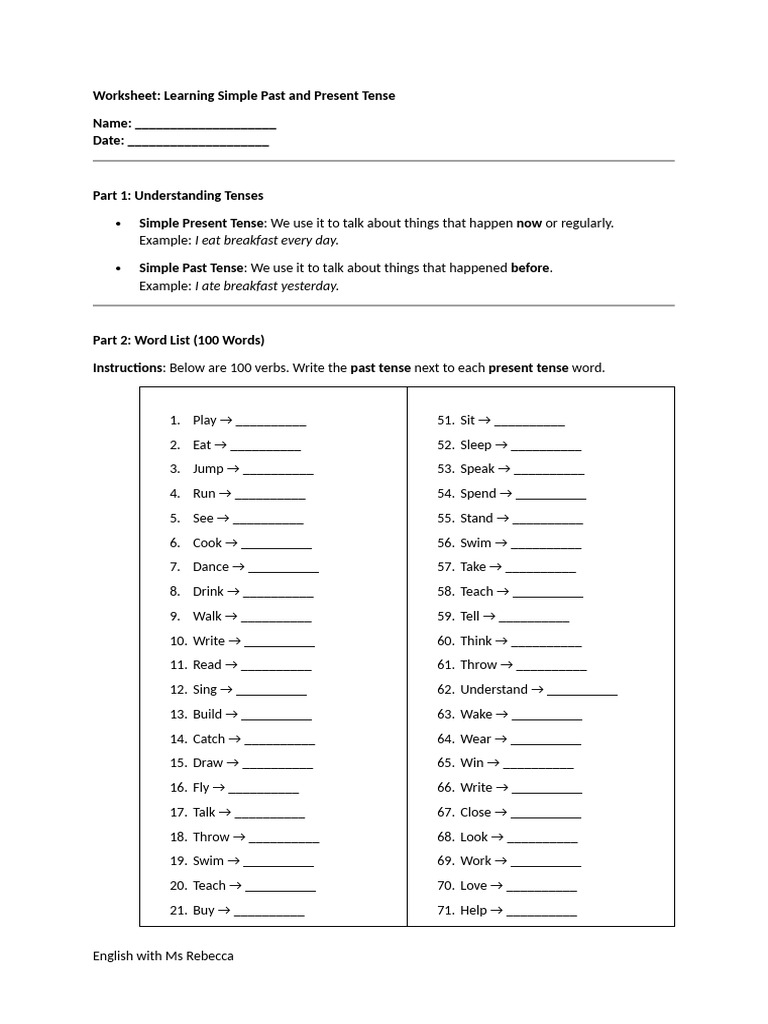 Simple Present and Past Tense Worksheet | PDF | Grammatical Tense ...