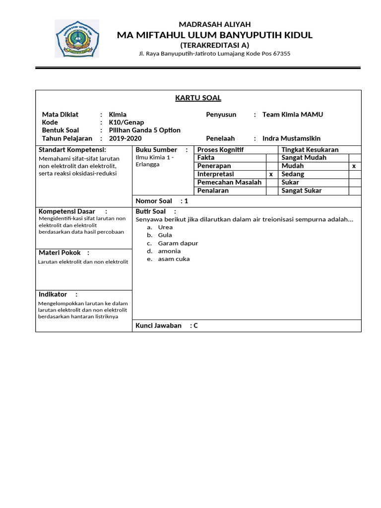 Kartu Soal Kimia Kls 10 Semester Genap 2019-2020 | PDF