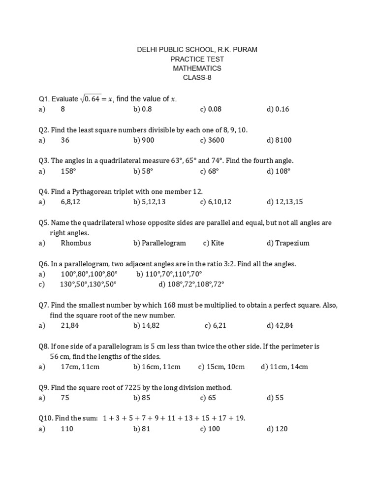 Class 8 Mathematics Practice Test | PDF