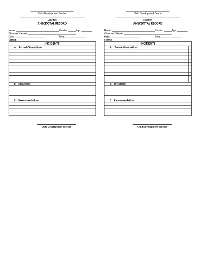 Child Development Anecdotal Record Template | PDF