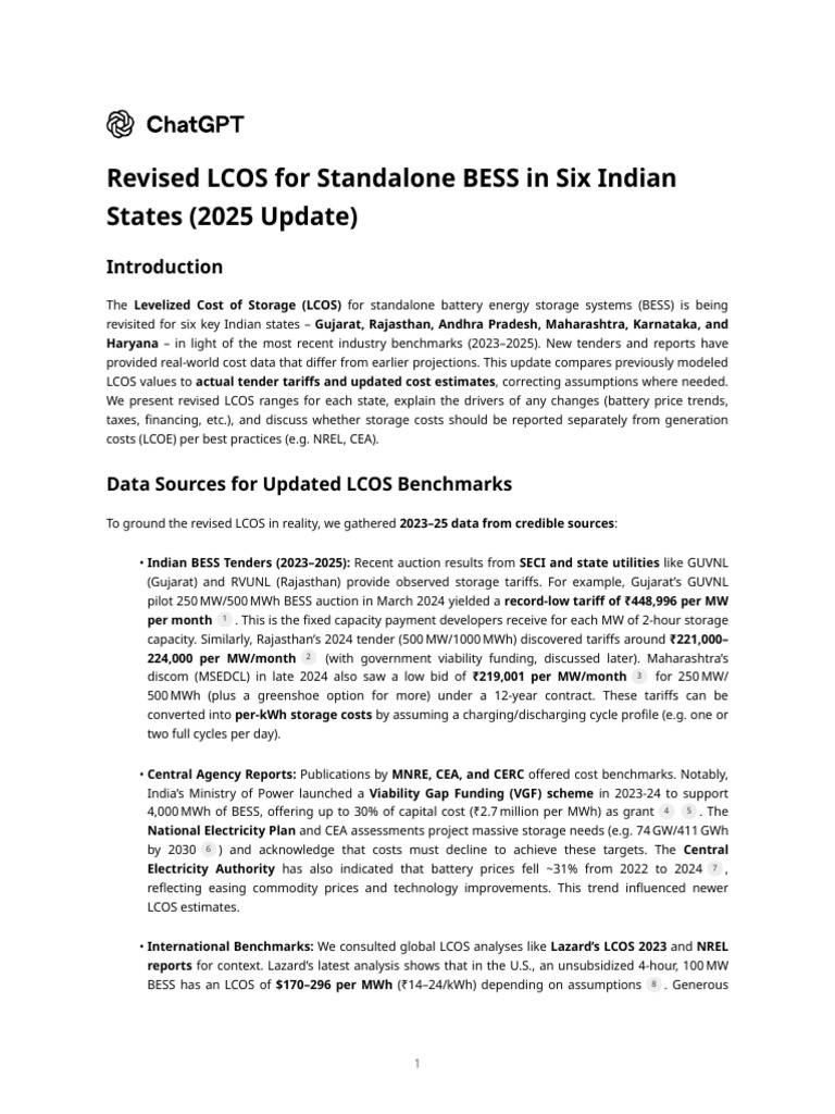 Revised LCOS for BESS in India 2025 | PDF | Cost Of Capital | Taxes
