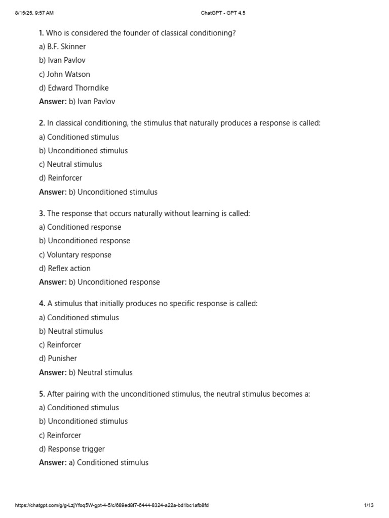 Classical Conditioning MCQs and Answers | PDF | Classical Conditioning ...