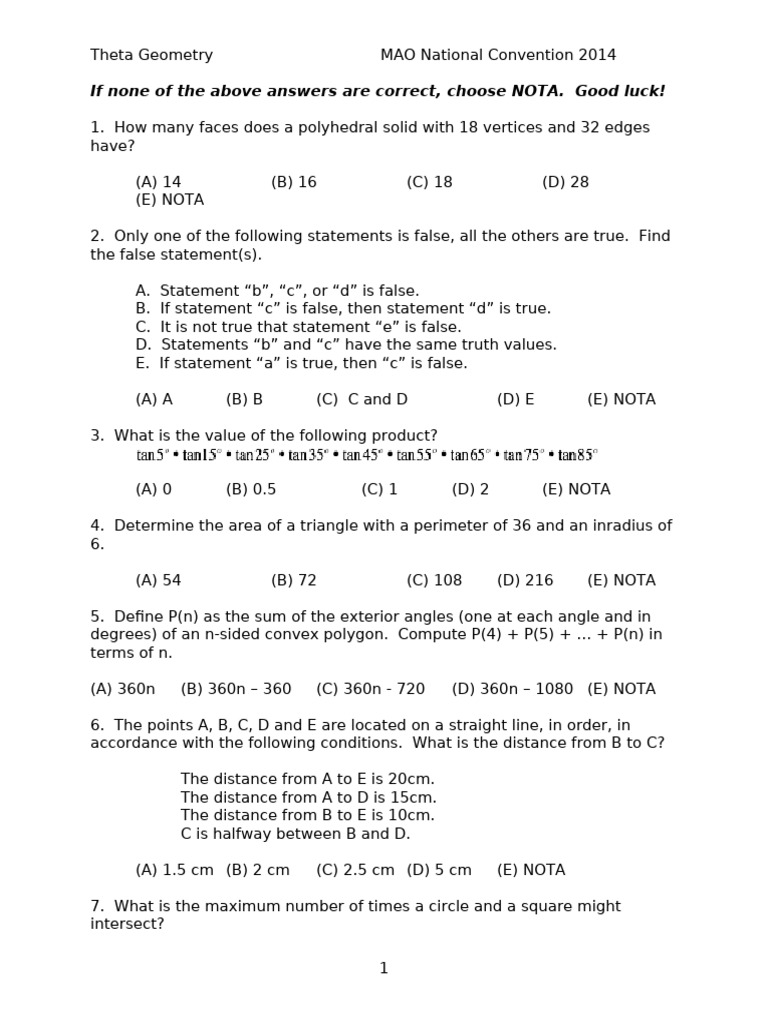 Theta Geometry National2014 | PDF | Triangle | Area