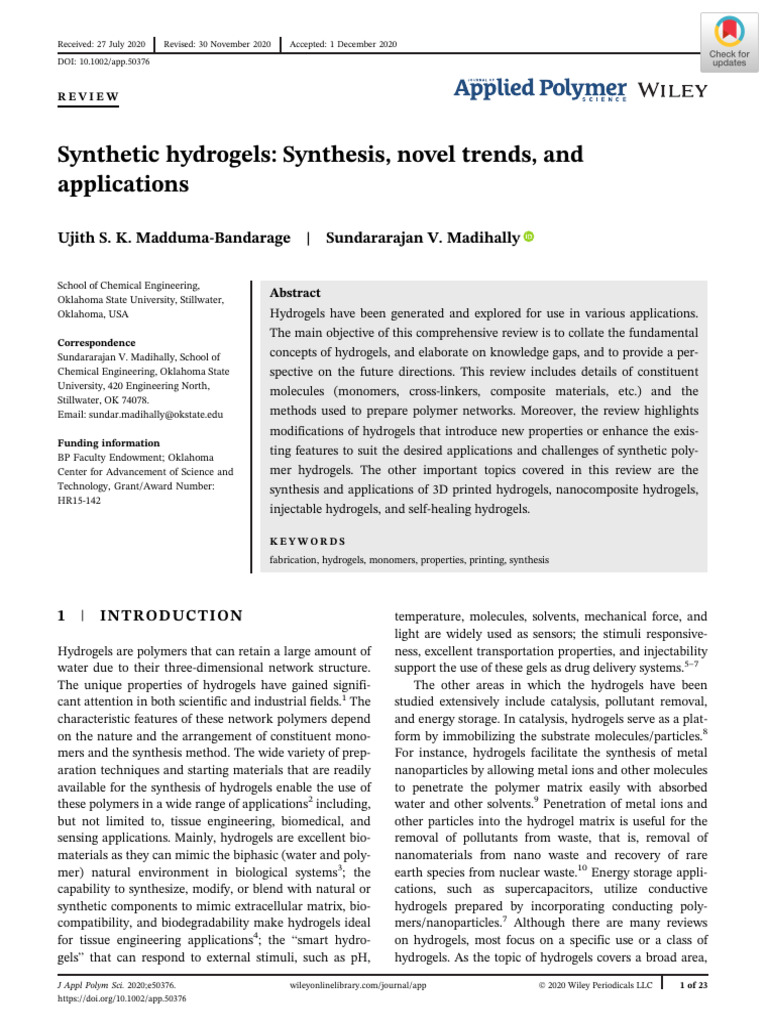 Synthetic Hydrogels - Synthesis, Novel Trends, and Applications | PDF ...