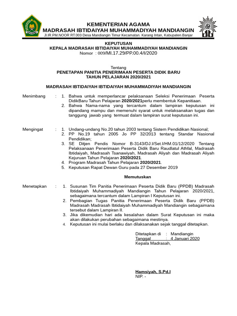 Panitia PPDB MI Muhammadiyah 2020/2021 | PDF