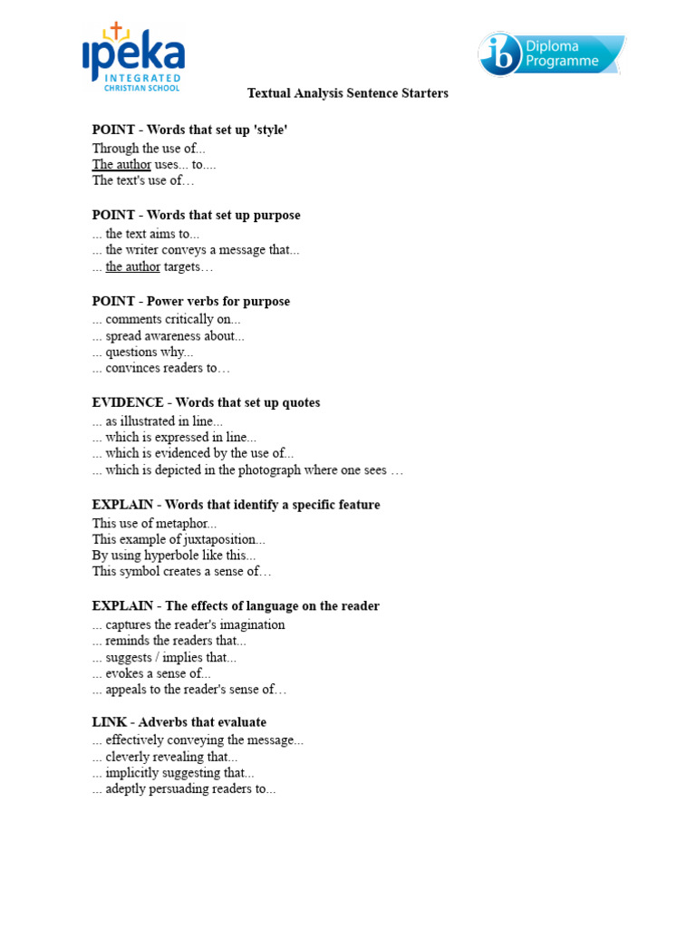 Textual Analysis Sentence Starters | PDF