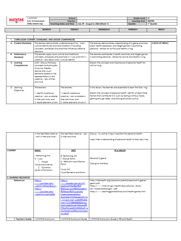 Matatag DLL Week 1 Mapeh g4 | PDF | Curriculum | Hygiene