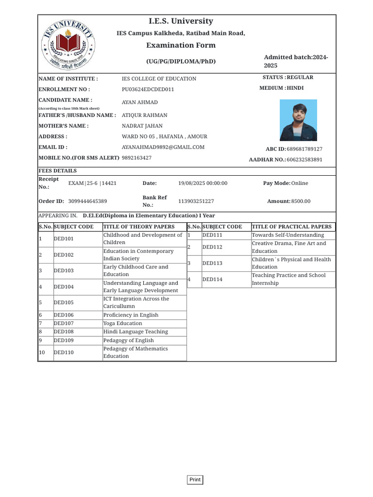 I.E.S. University Examination Form 2024-25 | PDF