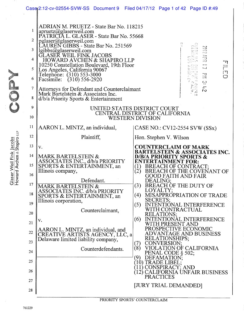 Priority Sports Counterclaims v. Aaron Mintz & CAA | PDF