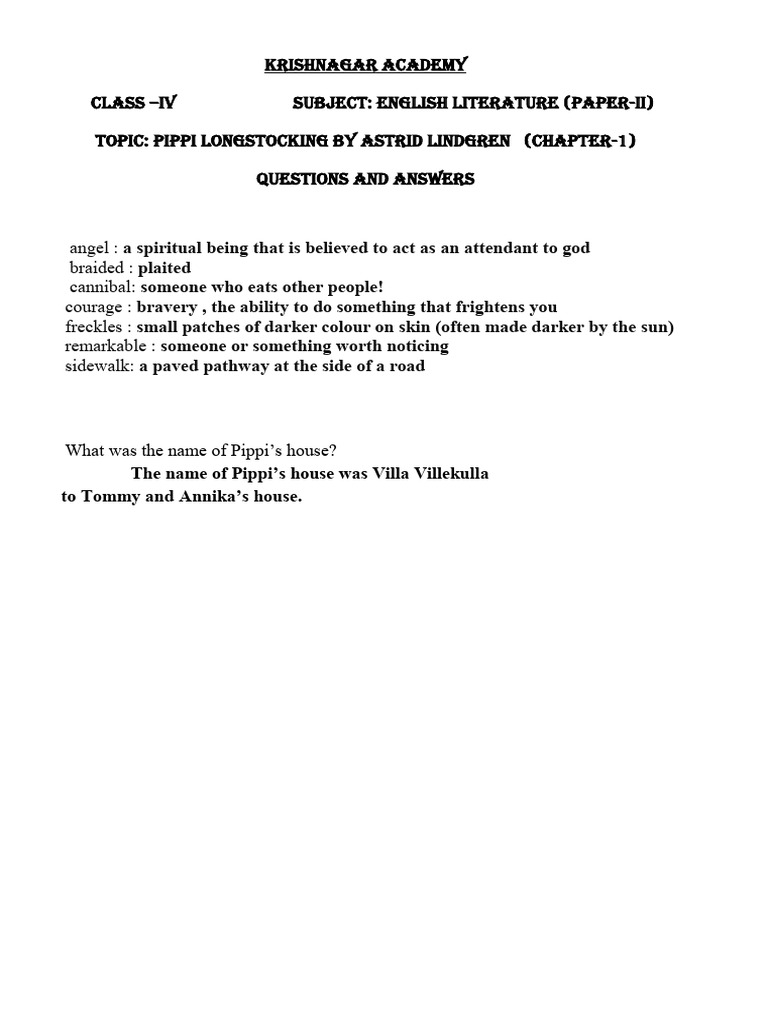 Class IV English Solved Questions Answers of Pippi Longstocking | PDF