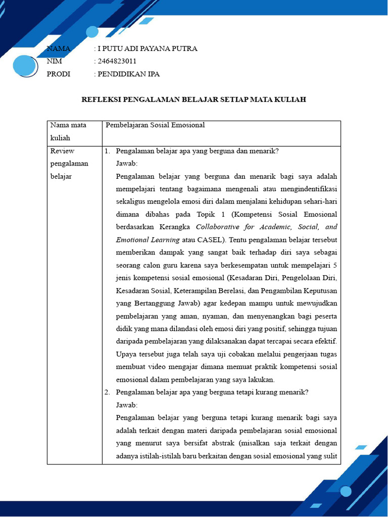 Refleksi Pembelajaran Sosial Emosional | PDF