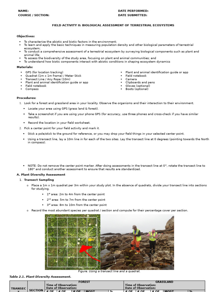 Activity 2 Biological Assessment of Terrestrial Ecosystems | PDF ...
