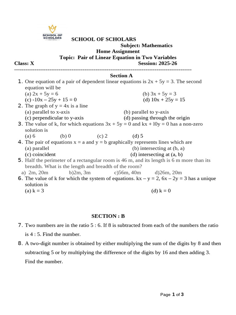 Mathematics Assignment: Linear Equations | PDF | Equations | Cartesian ...