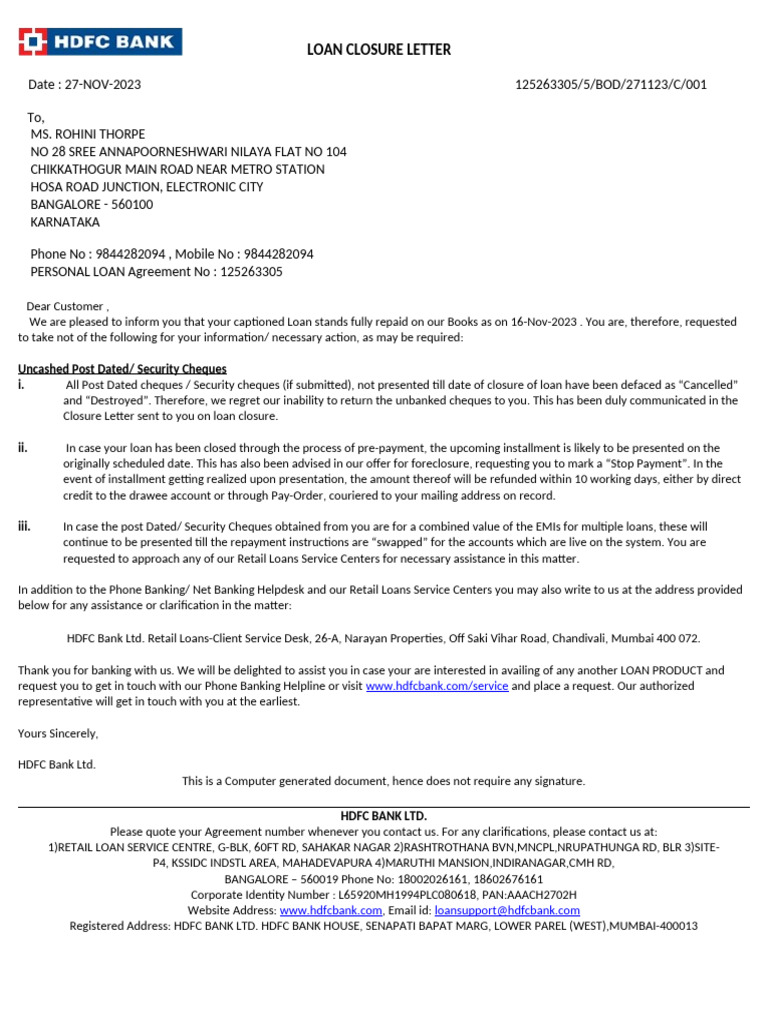 HDFC Loan Closure Letter HDFC N | PDF | Cheque | Credit