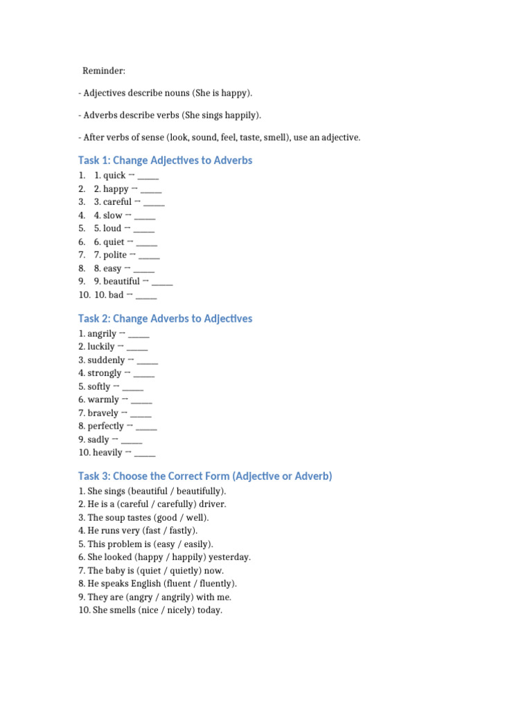 Adjectives and Adverbs Practice Worksheets | PDF | Adjective | Adverb