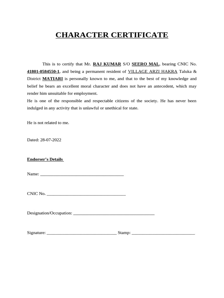 CHARACTER CERTIFICATE | PDF