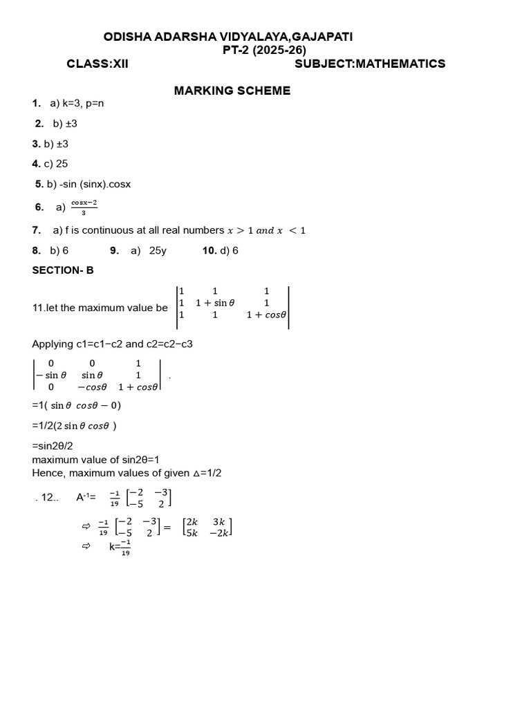 Odisha Adarsha Vidyalaya Class XII Math Marking Scheme | PDF | Chess ...