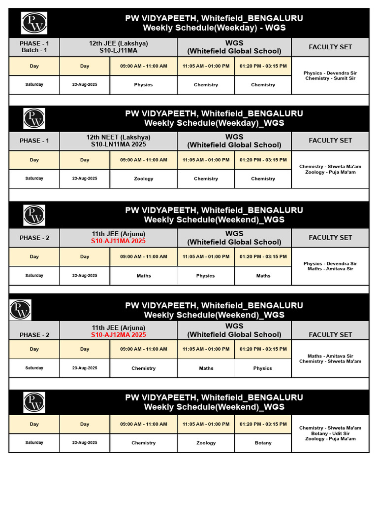 SIP - Time Table - Whitefield Global School - 2025 - 26 - WGS 1 | PDF