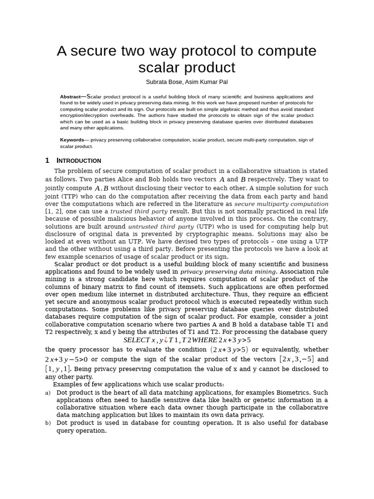 A Two Way Protocol To Compute Sign of Scalar Product 05jul16 | PDF ...