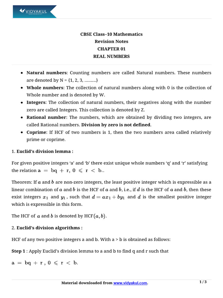 10 Maths Key Notes CH 01 Real Numbers | PDF | Numbers | Factorization