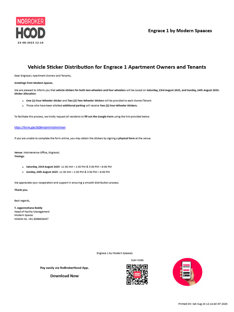 Notice - Vehicle Sticker Distribution For Engrace 1 Apartment Owners ...