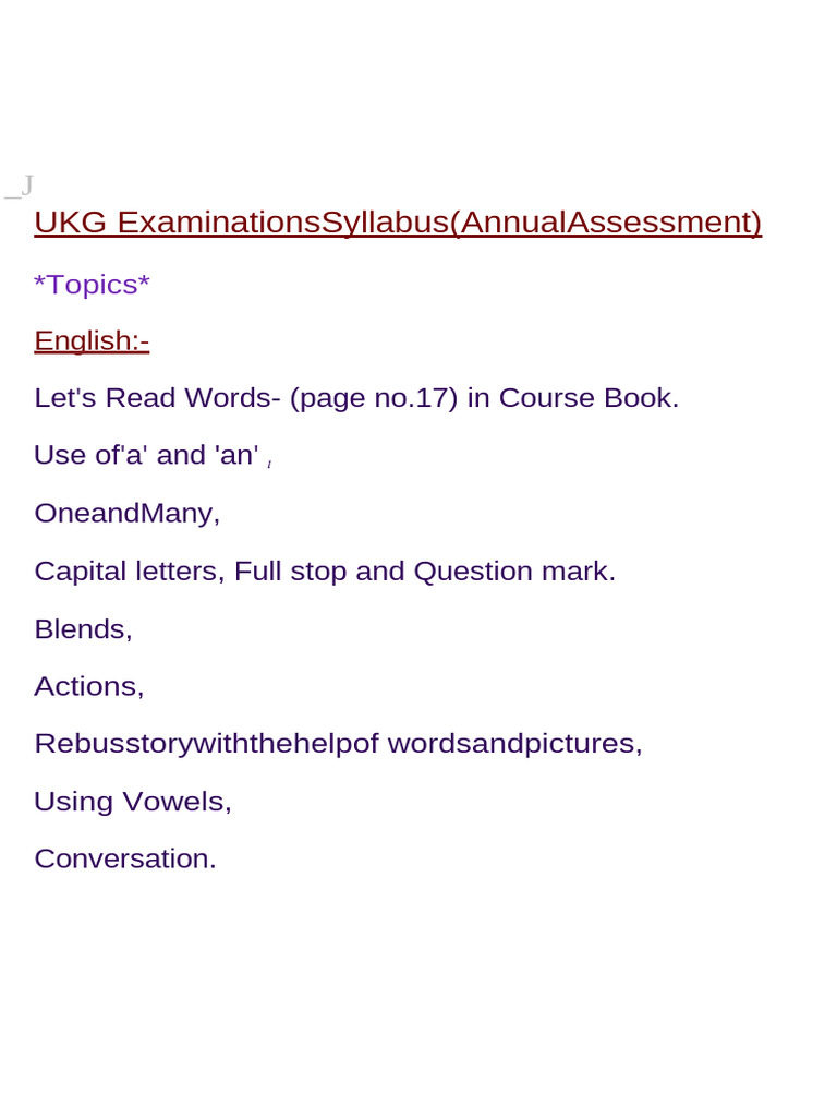 UKG Annual Assessment Syllabus Guide | PDF