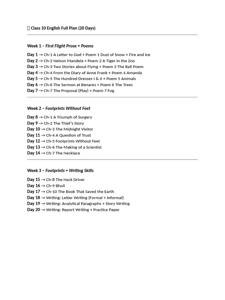 Class 10 English 20-Day Study Plan | PDF