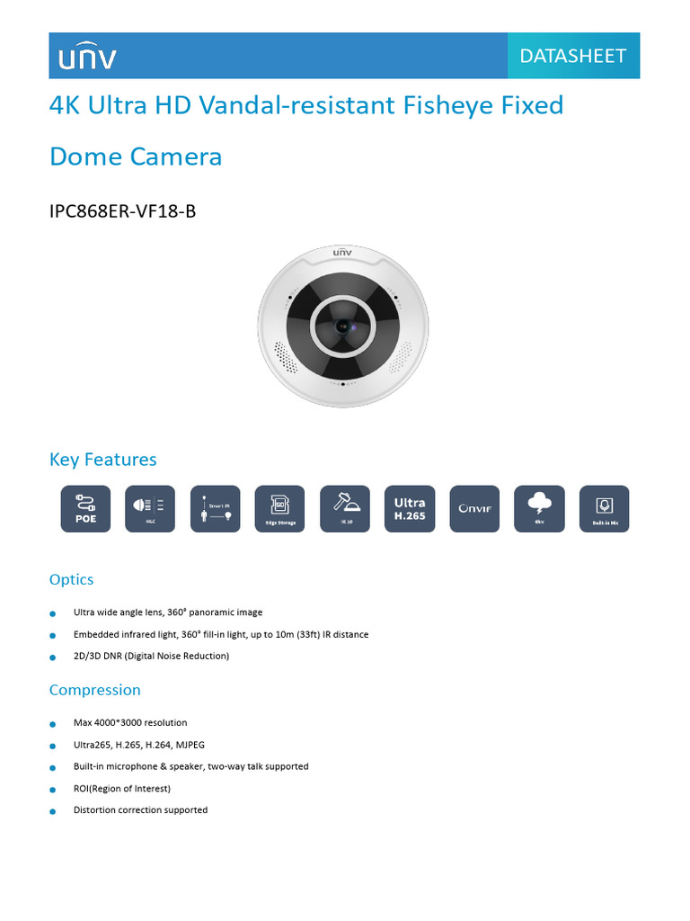 UNV IPC868ER-VF18-B 4K Ultra HD Vandal-Resistant Fisheye Fixed Dome ...