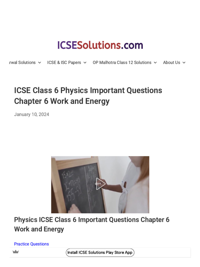 ICSE Class 6 Physics Important Questions Chapter 6 Work and Energy ...