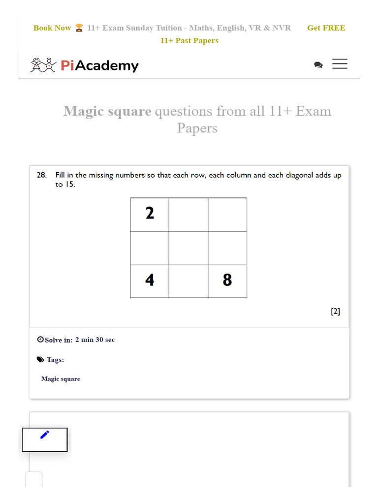 Solving Magic Squares for 11+ Maths | PDF | Numbers | Shape