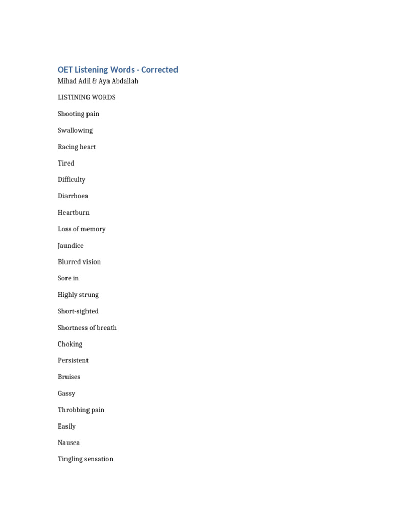 OET Listening Vocabulary List | PDF | Stomach | Clinical Medicine