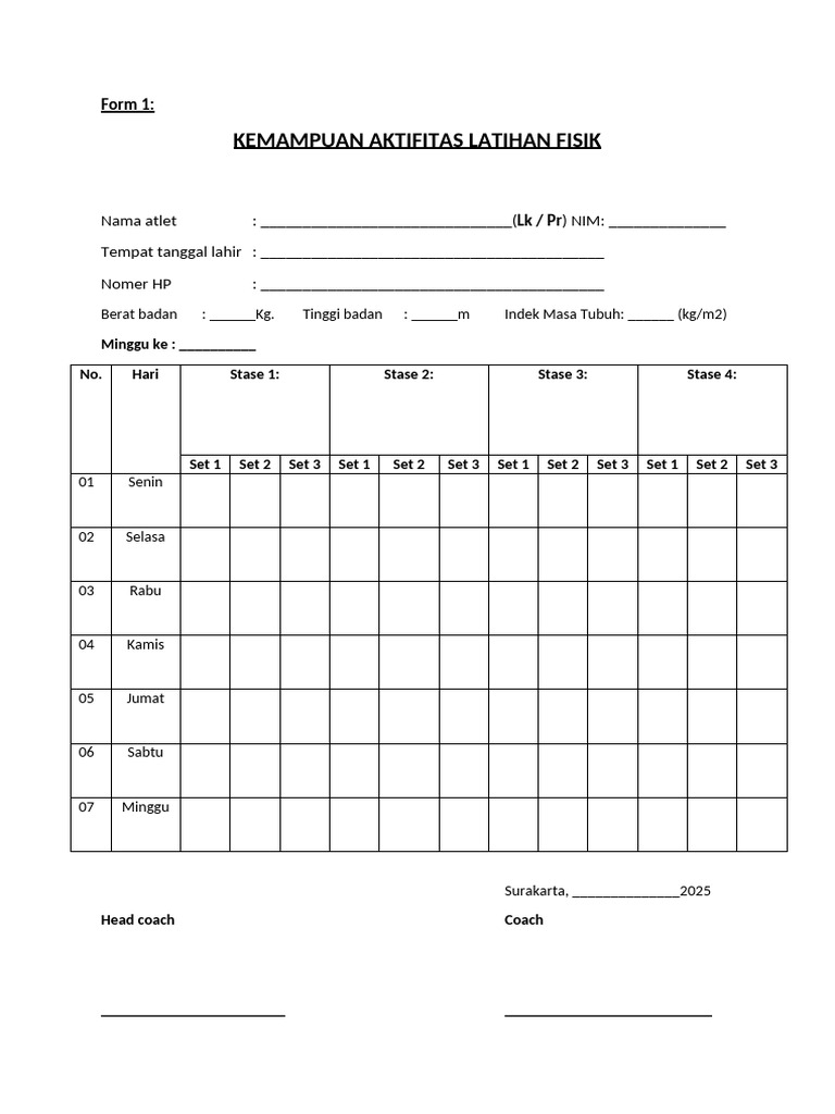 Formulir Latihan dan Perkembangan Atlet | PDF