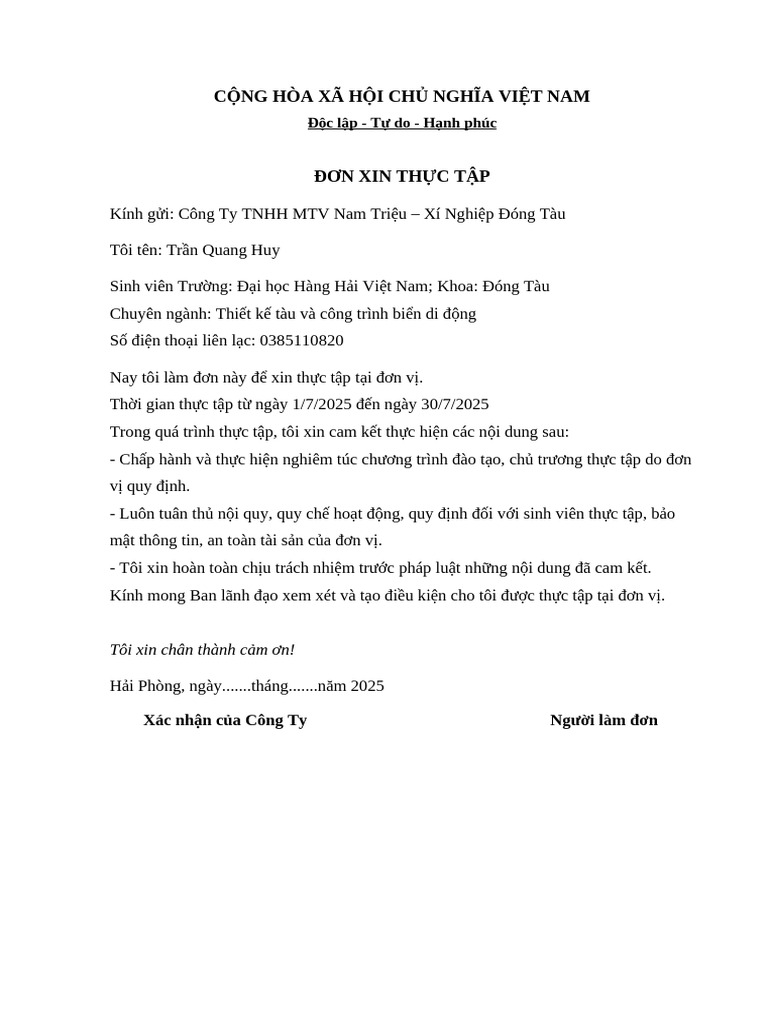 Mau Don Xin Thuc Tap Thu Nhat | PDF
