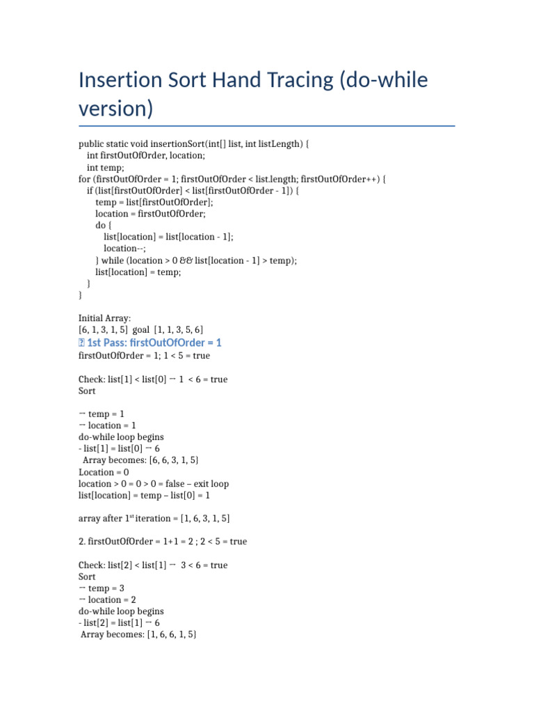 Insertion Sort Hand Tracing | PDF