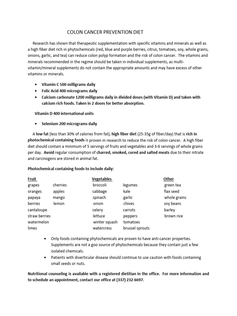 Colon Cancer Prevention Diet | PDF | Foods | Vitamin
