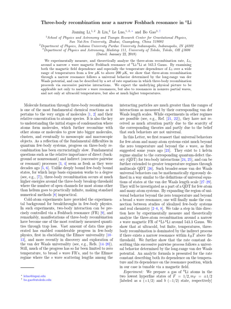 Three Body Recombination Paper | PDF | Physics | Theoretical Physics
