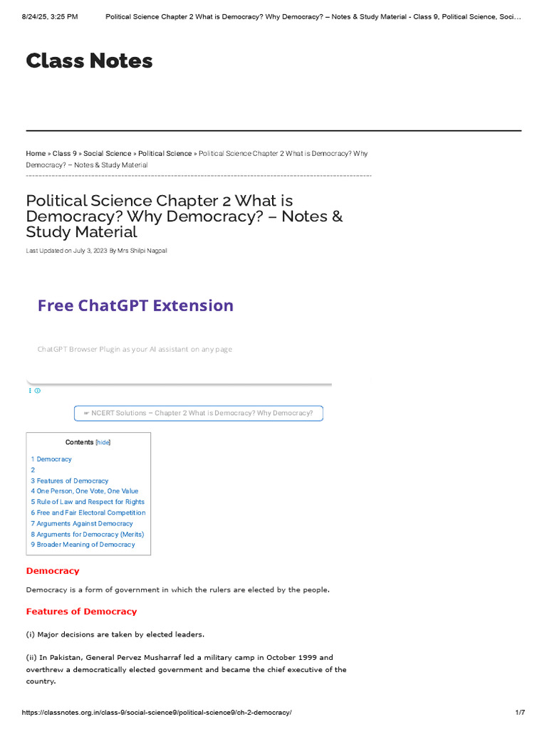 Political Science Chapter 2 What Is Democracy - Why Democracy - Notes ...