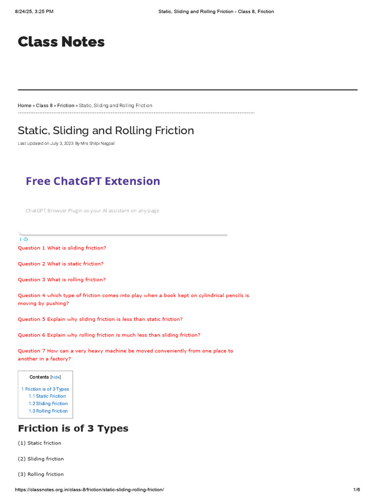 Understanding Friction Types for Class 8 | PDF | Friction | Force