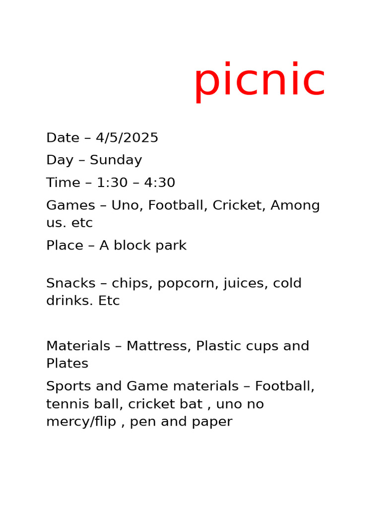 Sunday Picnic Plans and Activities | PDF
