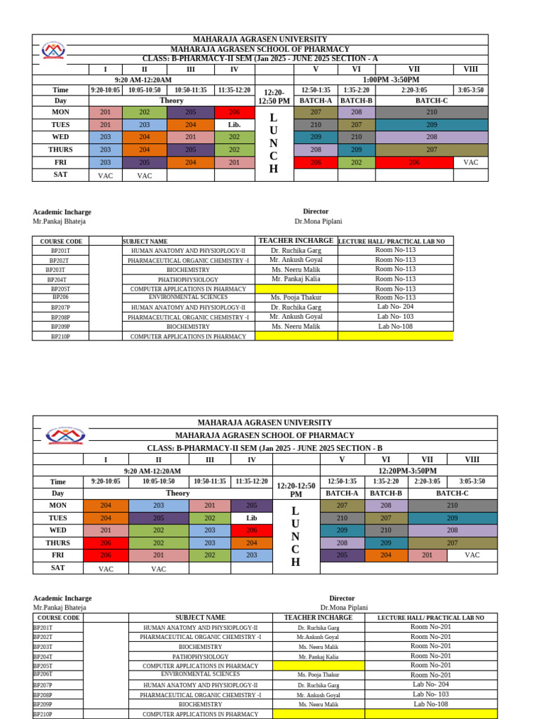 B-Pharmacy Timetable 2025 - Maharaja Agrasen | PDF | Pharmacy | Health ...