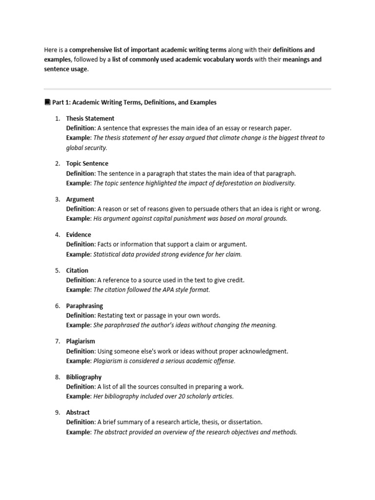 Academic Writing Terms and Vocabulary | PDF | Semantics | Essays