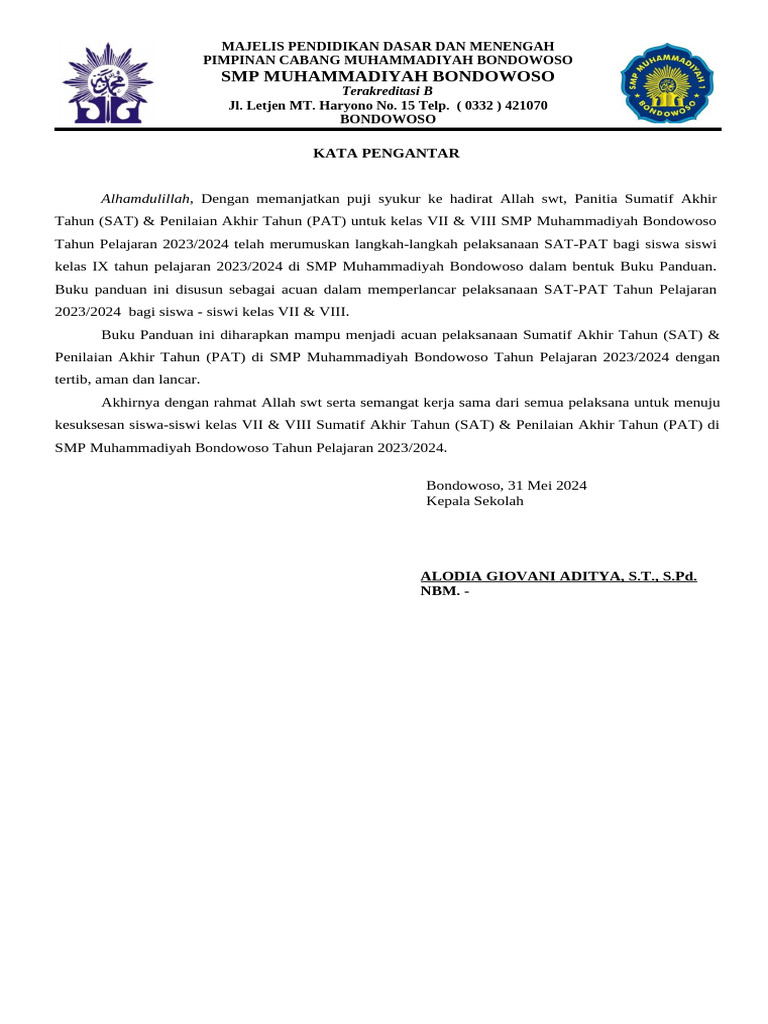 Panduan SAT-PAT SMP Muhammadiyah 2024 | PDF