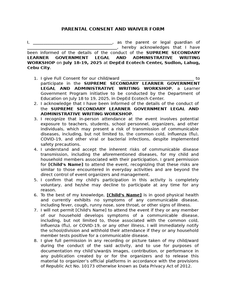Parental Consent Form for Workshop | PDF | Common Cold | Influenza
