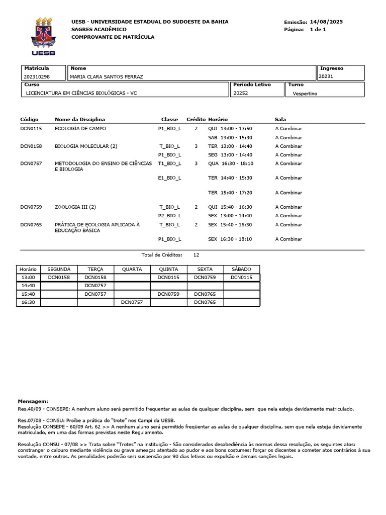 Comprovante de Matrícula | PDF