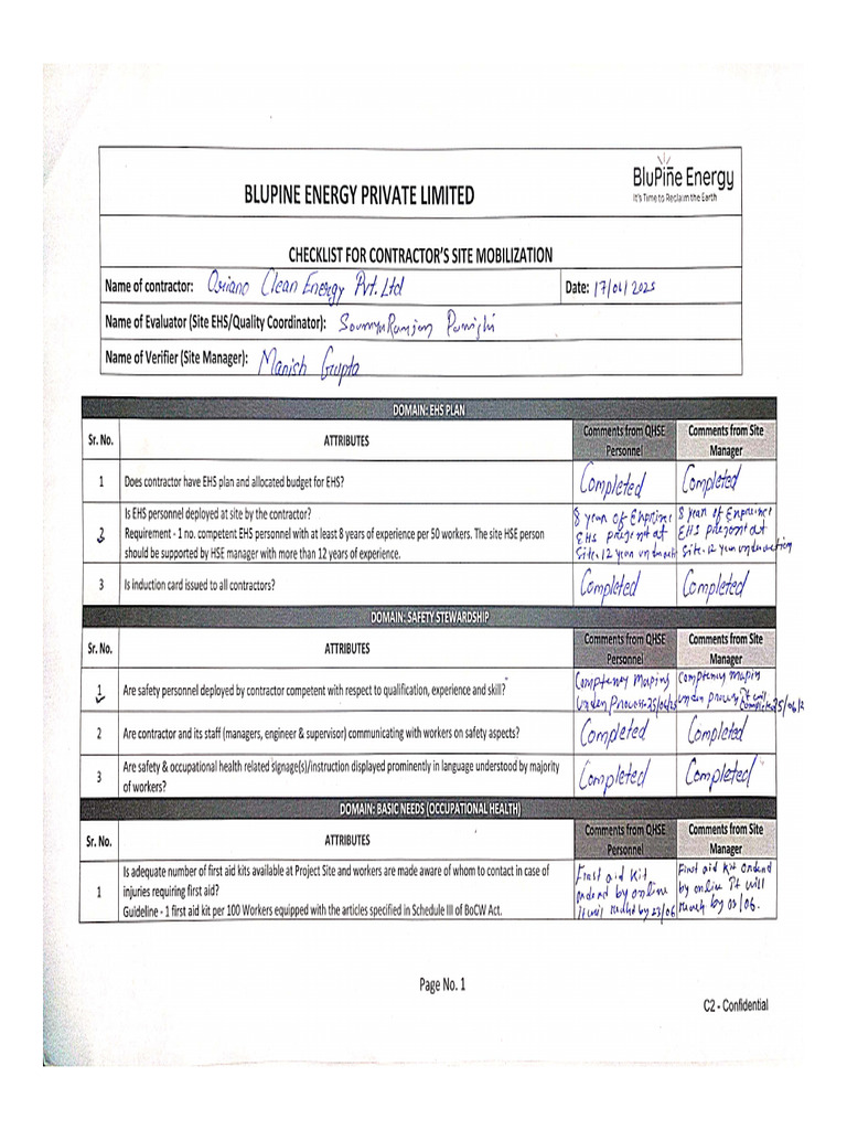 Checklist For Contractor Site Mobilization | PDF