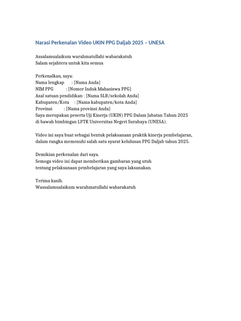 Narasi Perkenalan UKIN PPG UNESA 2025 | PDF