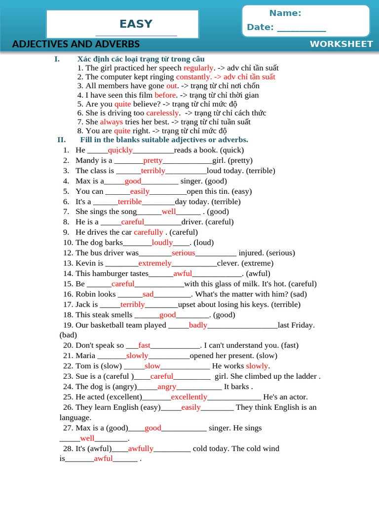 Adjectives and Adverbs Worksheet | PDF | Adverb