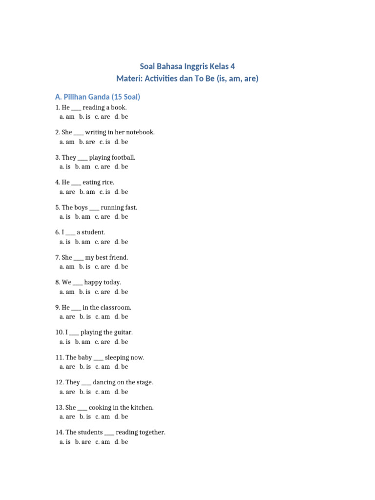 Soal Bahasa Inggris Kelas4 Activities ToBe | PDF