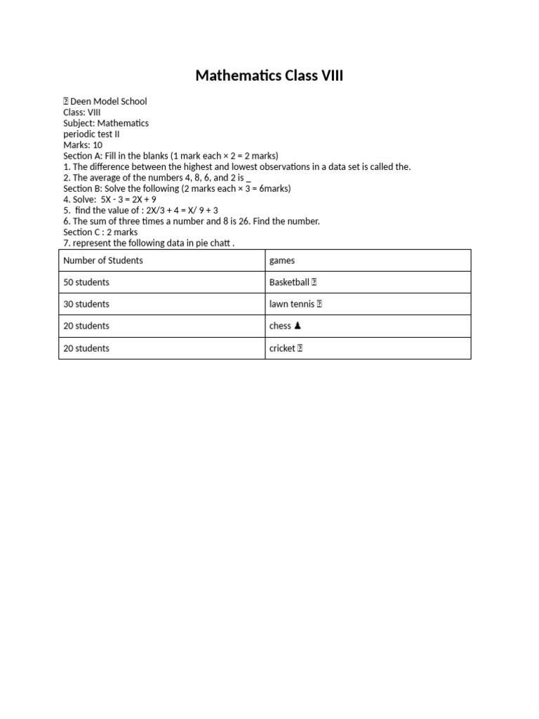 Class VIII Mathematics Test Questions | PDF