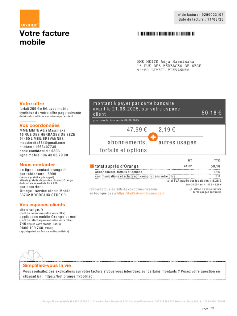 Facture mobile d'Orange - Août 2025 | PDF